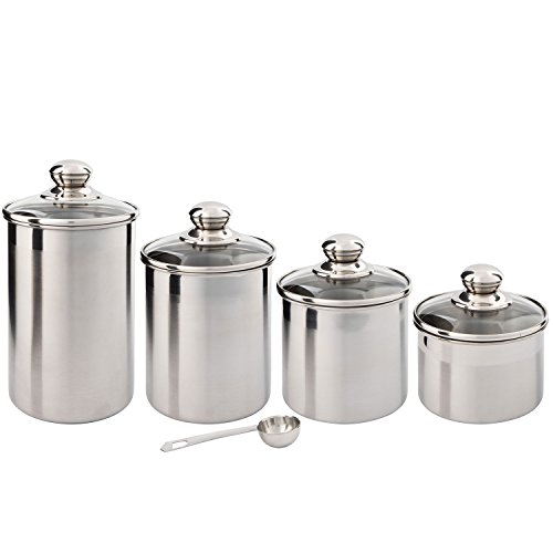 Airtight Canisters Sets for the Kitchen Counter - Stainless Steel Food Storage Containers with Glass Lids for Tea, Coffee, Sugar, Flour - Baking Dry Storage, Metal Pantry Canister - Medium 4PCS