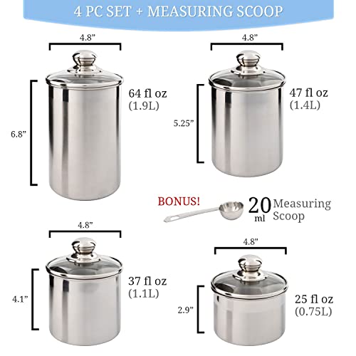 Airtight Canisters Sets for the Kitchen Counter - Stainless Steel Food Storage Containers with Glass Lids for Tea, Coffee, Sugar, Flour - Baking Dry Storage, Metal Pantry Canister - Medium 4PCS