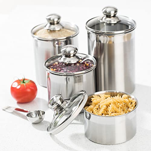 Airtight Canisters Sets for the Kitchen Counter - Stainless Steel Food Storage Containers with Glass Lids for Tea, Coffee, Sugar, Flour - Baking Dry Storage, Metal Pantry Canister - Medium 4PCS