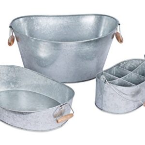 BirdRock Home Galvanized Beverage Tub, Caddy and Tray Set - 3 Piece - Party Tray Platter Drink Holder - Silverware Caddy - Wooden Handles