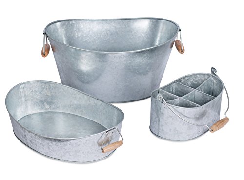 BirdRock Home Galvanized Beverage Tub, Caddy and Tray Set - 3 Piece - Party Tray Platter Drink Holder - Silverware Caddy - Wooden Handles