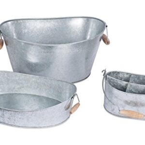 BirdRock Home Galvanized Beverage Tub, Caddy and Tray Set - 3 Piece - Party Tray Platter Drink Holder - Silverware Caddy - Wooden Handles