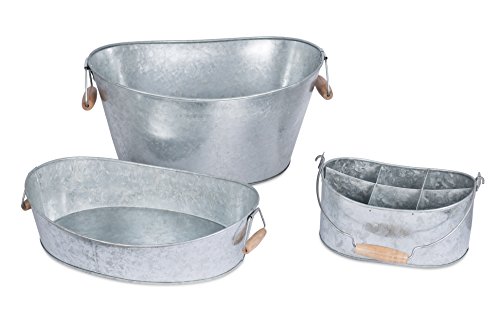 BirdRock Home Galvanized Beverage Tub, Caddy and Tray Set - 3 Piece - Party Tray Platter Drink Holder - Silverware Caddy - Wooden Handles