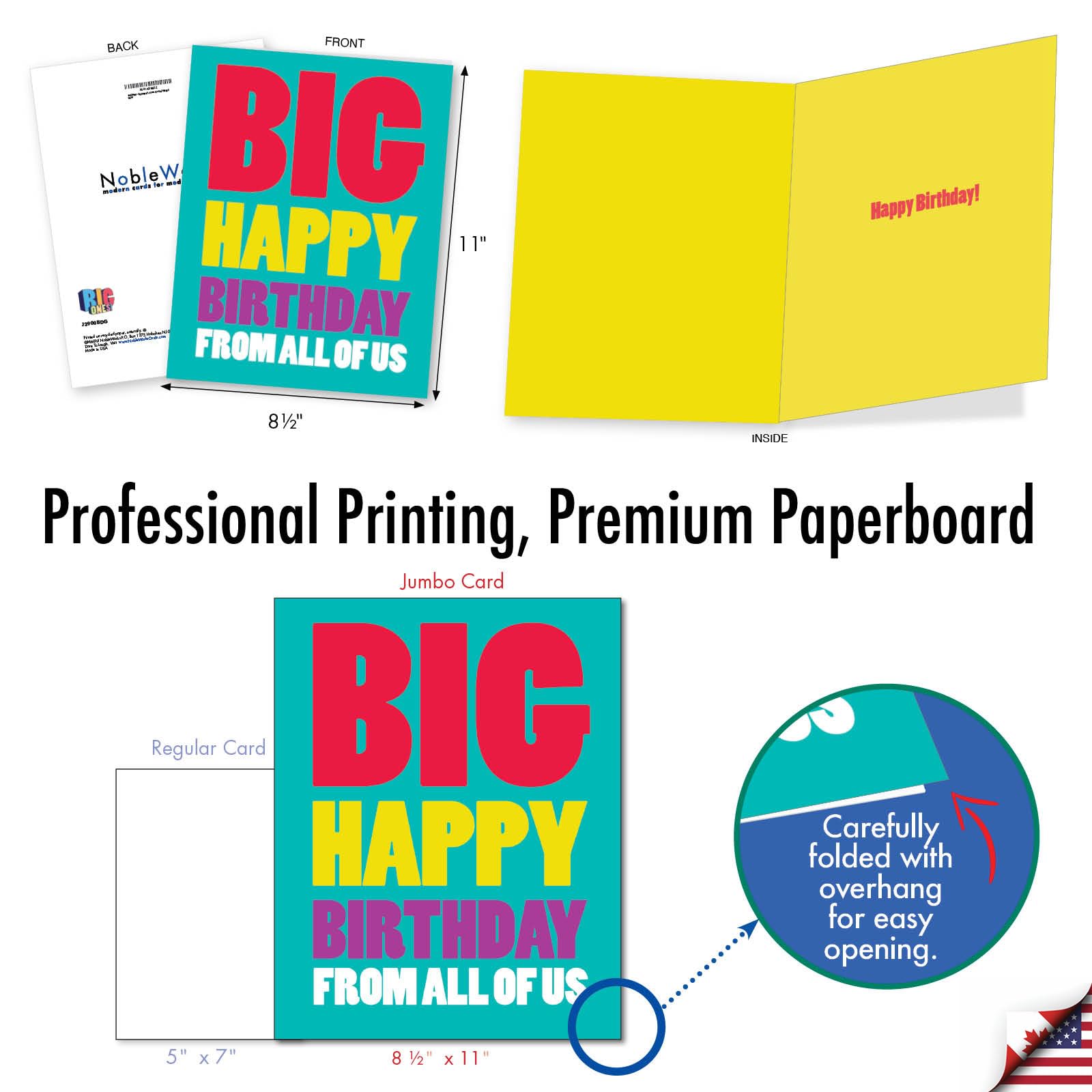 NobleWorks - 1 Happy Birthday Greeting Card Jumbo (8.5 x 11 Inch) - Celebration, Appreciation Stationery for Birthdays - Big Happy Birthday from Us J3900BDG