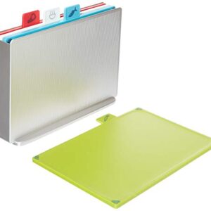 Joseph Joseph Index Plastic Cutting Board Set with Storage Case Color-Coded Dishwasher-Safe Non-Slip, Small, Silver