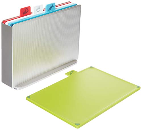 Joseph Joseph Index Plastic Cutting Board Set with Storage Case Color-Coded Dishwasher-Safe Non-Slip, Small, Silver