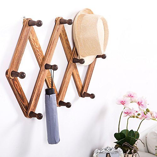 MyGift 10 Hook Burnt Wood Wall Mounted Expandable Accordion Peg Coat Rack Hanger for Entryway, Mudroom or Garage