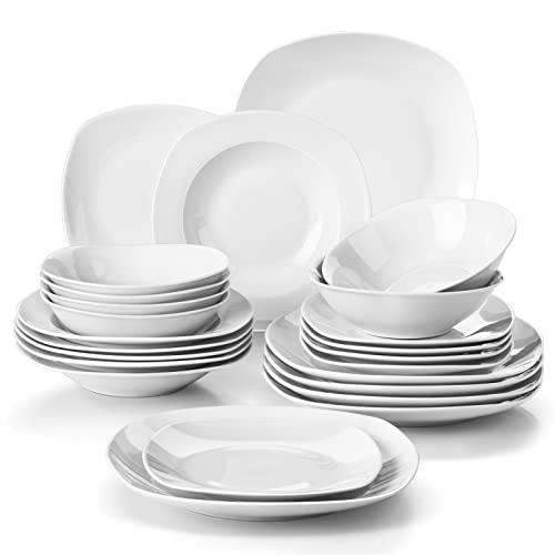 MALACASA Dinnerware Sets, 24-Piece Porcelain Dinnerware Set Plates and Bowls Sets, Gray White Square Dishes Dinner Sets for Dessert, Salad and Pasta, Modern Dish Set for 6, Series Elisa