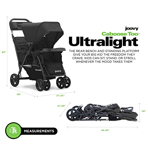 Joovy Caboose Too Ultralight Graphite Stand-On Double Stroller with Universal Car Seat Adapter, 3-Way Reclining Seats, Option to Use Rear Seat, Bench Seat, or Standing Platform