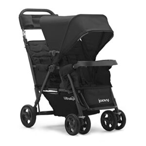 joovy caboose too ultralight graphite stand-on double stroller with universal car seat adapter, 3-way reclining seats, option to use rear seat, bench seat, or standing platform