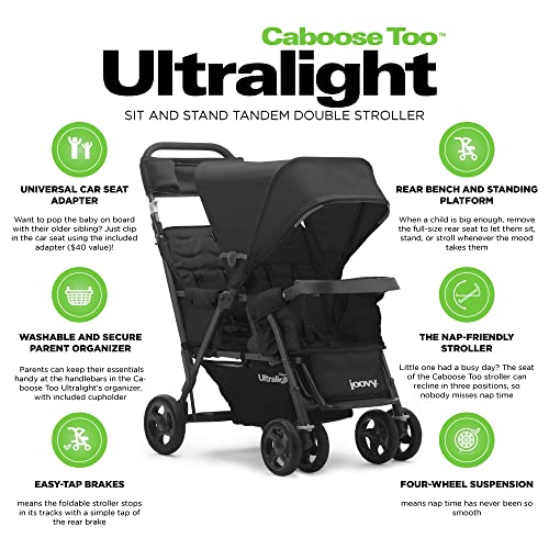 Joovy Caboose Too Ultralight Graphite Stand-On Double Stroller with Universal Car Seat Adapter, 3-Way Reclining Seats, Option to Use Rear Seat, Bench Seat, or Standing Platform