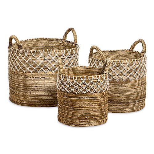 Boho Romantic Lace Baskets, Set of 3, Cotton Macrame Details, Relaxed Coastal Style, Woven Chunky Banana Leaf, Thick Handles,17.75, 15, and 11.75 D Inches