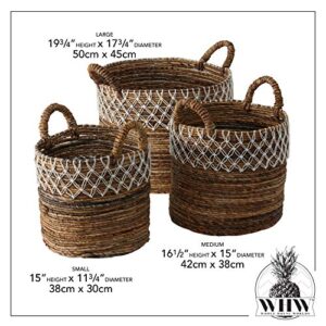 Boho Romantic Lace Baskets, Set of 3, Cotton Macrame Details, Relaxed Coastal Style, Woven Chunky Banana Leaf, Thick Handles,17.75, 15, and 11.75 D Inches