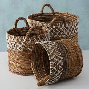 Boho Romantic Lace Baskets, Set of 3, Cotton Macrame Details, Relaxed Coastal Style, Woven Chunky Banana Leaf, Thick Handles,17.75, 15, and 11.75 D Inches