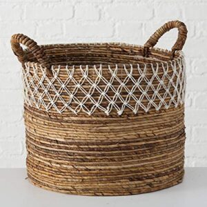 Boho Romantic Lace Baskets, Set of 3, Cotton Macrame Details, Relaxed Coastal Style, Woven Chunky Banana Leaf, Thick Handles,17.75, 15, and 11.75 D Inches