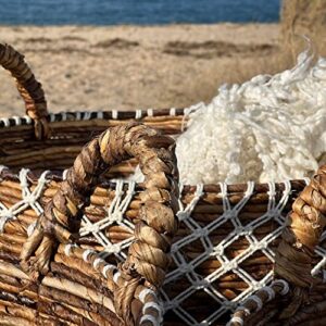 Boho Romantic Lace Baskets, Set of 3, Cotton Macrame Details, Relaxed Coastal Style, Woven Chunky Banana Leaf, Thick Handles,17.75, 15, and 11.75 D Inches