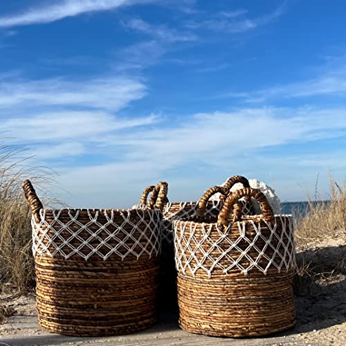 Boho Romantic Lace Baskets, Set of 3, Cotton Macrame Details, Relaxed Coastal Style, Woven Chunky Banana Leaf, Thick Handles,17.75, 15, and 11.75 D Inches