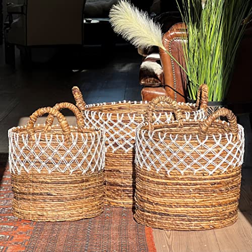 Boho Romantic Lace Baskets, Set of 3, Cotton Macrame Details, Relaxed Coastal Style, Woven Chunky Banana Leaf, Thick Handles,17.75, 15, and 11.75 D Inches