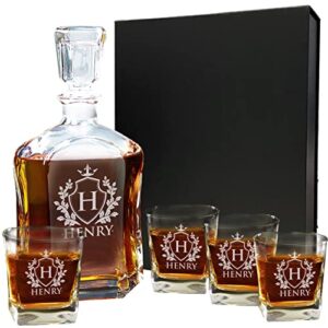 personalized custom engraved whiskey decanter set - decanter and 4 glasses gifts set - custom engraved monogrammed with shield design