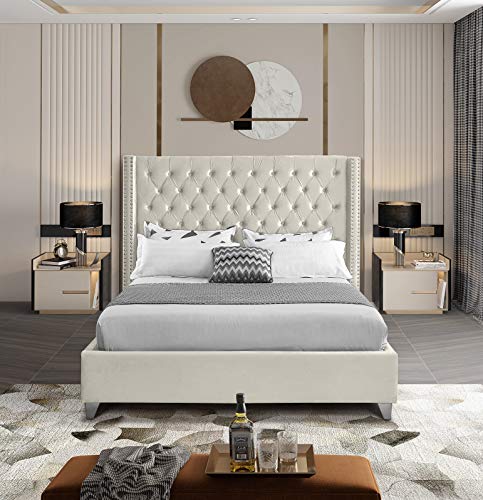 Meridian Furniture Aiden Collection Modern | Contemporary Velvet Upholstered Bed with Deep Button Tufting, Solid Wood Frame, and Custom Chrome Legs, Full, Cream