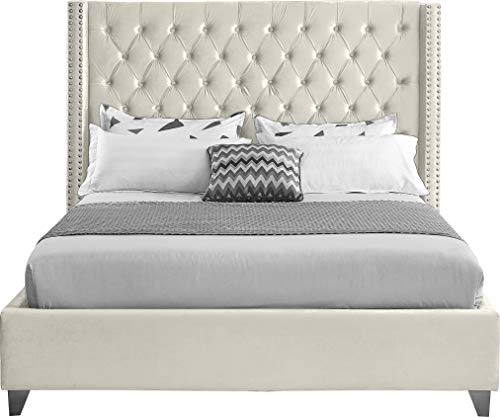 Meridian Furniture Aiden Collection Modern | Contemporary Velvet Upholstered Bed with Deep Button Tufting, Solid Wood Frame, and Custom Chrome Legs, Full, Cream