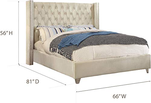 Meridian Furniture Aiden Collection Modern | Contemporary Velvet Upholstered Bed with Deep Button Tufting, Solid Wood Frame, and Custom Chrome Legs, Full, Cream