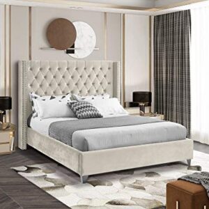 Meridian Furniture Aiden Collection Modern | Contemporary Velvet Upholstered Bed with Deep Button Tufting, Solid Wood Frame, and Custom Chrome Legs, Full, Cream