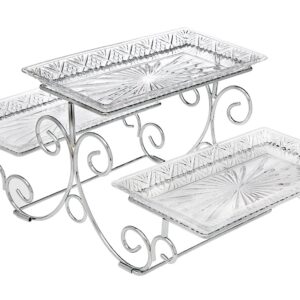 Godinger Silver Art Dublin 3 Tiered Glass Buffet Serving Tray - Chrome Plated Platter Stand with Starburst Design - Party and Event Dessert and Food Display Server