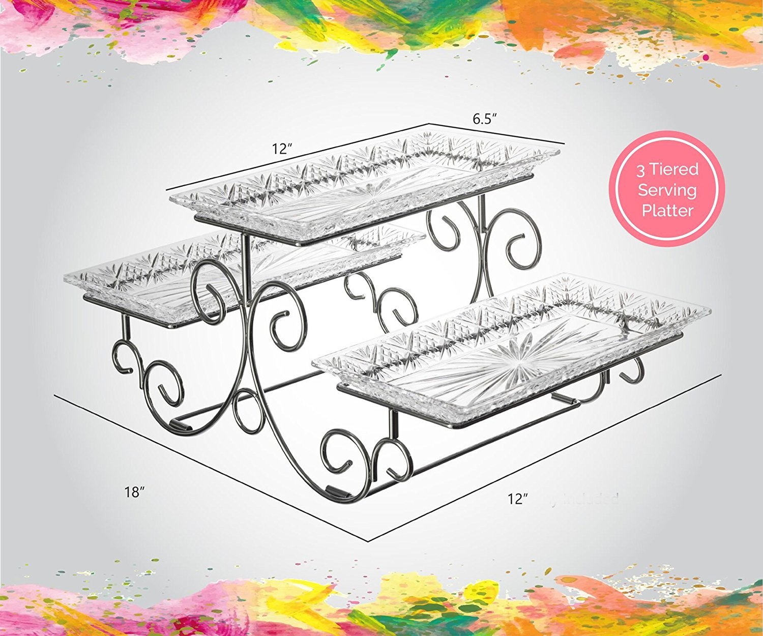 Godinger Silver Art Dublin 3 Tiered Glass Buffet Serving Tray - Chrome Plated Platter Stand with Starburst Design - Party and Event Dessert and Food Display Server