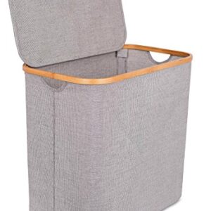 BIRDROCK HOME Bamboo & Canvas Hamper - Single Laundry Basket with Lid - Modern Foldable Hamper - Cut Out Handles - Grey Narrow Design - Great for Kids Adults