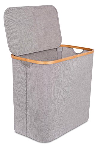 BIRDROCK HOME Bamboo & Canvas Hamper - Single Laundry Basket with Lid - Modern Foldable Hamper - Cut Out Handles - Grey Narrow Design - Great for Kids Adults