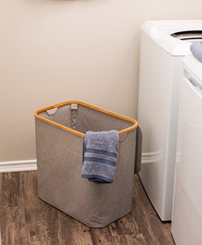 BIRDROCK HOME Bamboo & Canvas Hamper - Single Laundry Basket with Lid - Modern Foldable Hamper - Cut Out Handles - Grey Narrow Design - Great for Kids Adults