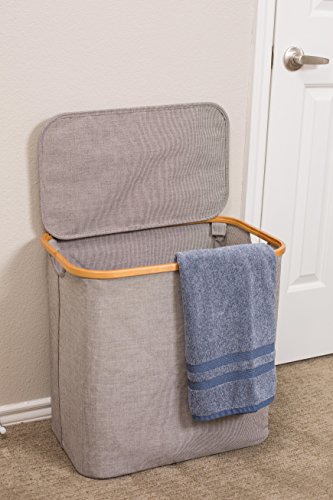 BIRDROCK HOME Bamboo & Canvas Hamper - Single Laundry Basket with Lid - Modern Foldable Hamper - Cut Out Handles - Grey Narrow Design - Great for Kids Adults