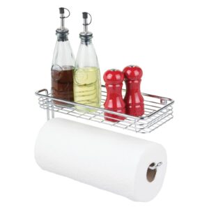 mDesign Paper Towel Holder with Spice Rack and Multi-Purpose Shelf - Wall Mount Storage Organizer for Kitchen, Pantry, Laundry, Garage - Durable Metal Wire Design - Chrome