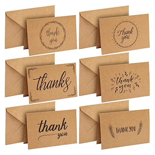 Thank You Cards - 36-Count Thank You Notes, Kraft Paper Bulk Thank You Cards Set - Blank on The Inside, Handwritten Style, Includes Thank You Cards and Envelopes, 4 x 6 inches