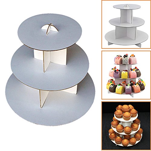 3-Tier White Round (12"W x 10"H) Cardboard Cupcake Stand Dessert Tower Treat Stacker Pastry Serving Platter Food Display