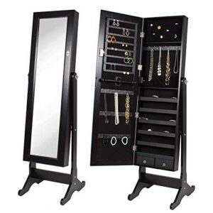 black mirror jewelry cabinet armoire w/stand mirror rings, necklaces, bracelets (black)