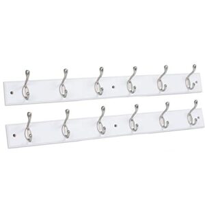 birdrock home hook coat and hat rack - 2 pack - 6 hooks - 27 inches - wall mount - decorative home storage - entryway foyer hallway bathroom bedroom rail - satin nickel hooks - white pine bathroom