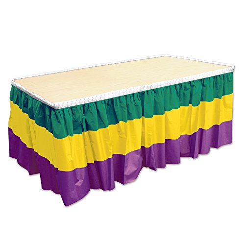 Beistle Plastic Mardi Gras Table Skirt Fat Tuesday Party Supplies, 29" x 14', Green/Yellow/Purple