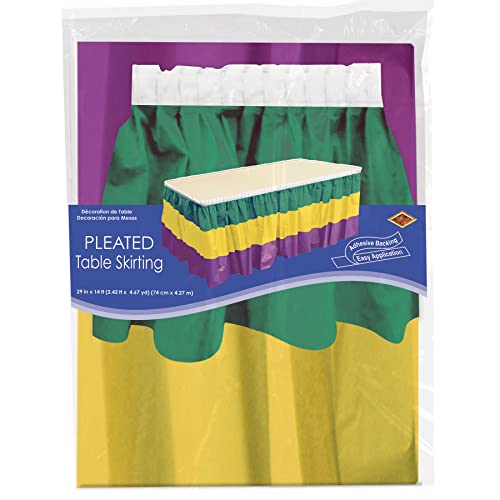 Beistle Plastic Mardi Gras Table Skirt Fat Tuesday Party Supplies, 29" x 14', Green/Yellow/Purple