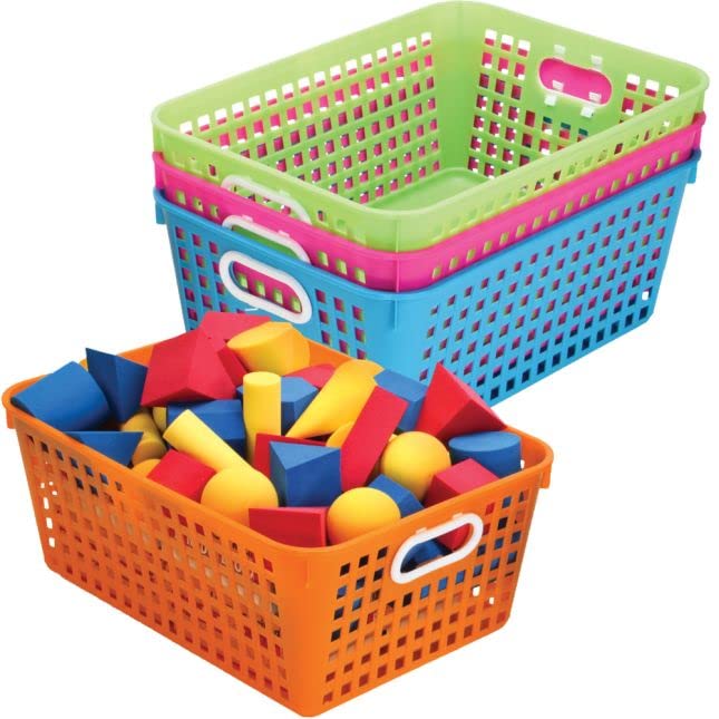 Really Good Stuff Large Plastic Book Baskets, 13¼" by 10" by 5½" - 4 Pack, Neon | Classroom Library Organizer, Toy Storage, Multi-Purpose Organizer Basket