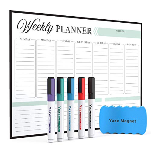 Magnetic Dry Erase Weekly Calendar for Refrigerator - 17X12” - 5 Fine Tip Markers and Large Eraser with Magnets - Stain Resistant Surface - Whiteboard Organizer Planner. Perfect Fridge White Board