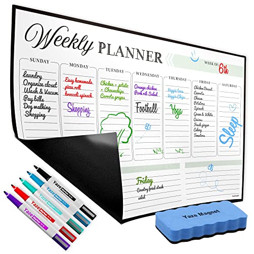 Magnetic Dry Erase Weekly Calendar for Refrigerator - 17X12” - 5 Fine Tip Markers and Large Eraser with Magnets - Stain Resistant Surface - Whiteboard Organizer Planner. Perfect Fridge White Board