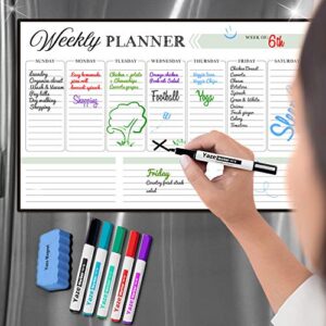 Magnetic Dry Erase Weekly Calendar for Refrigerator - 17X12” - 5 Fine Tip Markers and Large Eraser with Magnets - Stain Resistant Surface - Whiteboard Organizer Planner. Perfect Fridge White Board