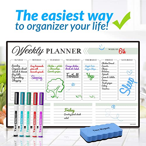 Magnetic Dry Erase Weekly Calendar for Refrigerator - 17X12” - 5 Fine Tip Markers and Large Eraser with Magnets - Stain Resistant Surface - Whiteboard Organizer Planner. Perfect Fridge White Board