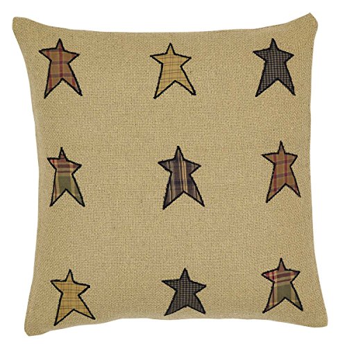 VHC Brands Stratton Applique Star Pillow 16x16 Country Primitive Bedding Accessory, Tan and Red-Orange