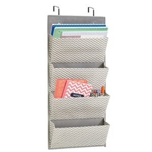 mdesign soft fabric wall mount/over door hanging storage organizer - 4 large cascading pockets - holds office supplies, planners, file folders, notebooks - chevron zig-zag print - taupe/natural