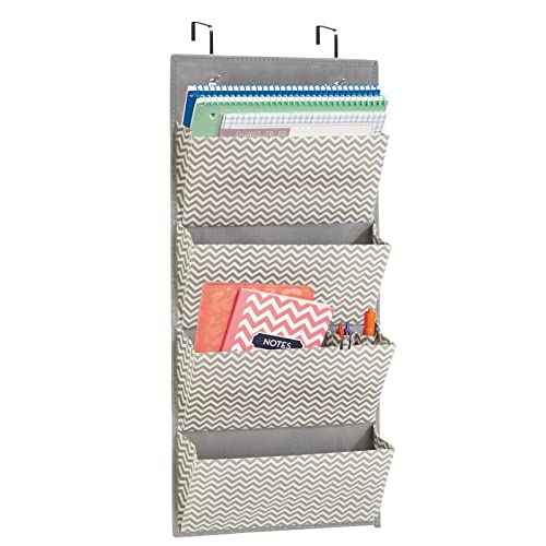 mDesign Soft Fabric Wall Mount/Over Door Hanging Storage Organizer - 4 Large Cascading Pockets - Holds Office Supplies, Planners, File Folders, Notebooks - Chevron Zig-Zag Print - Taupe/Natural