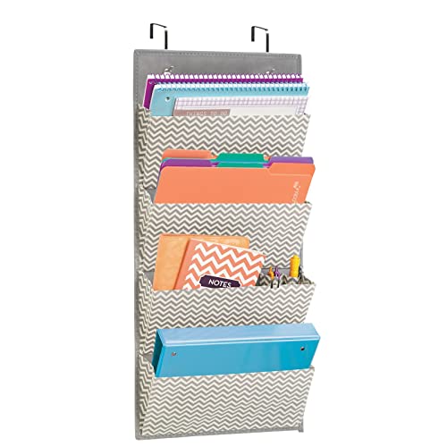 mDesign Soft Fabric Wall Mount/Over Door Hanging Storage Organizer - 4 Large Cascading Pockets - Holds Office Supplies, Planners, File Folders, Notebooks - Chevron Zig-Zag Print - Taupe/Natural