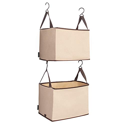 STORAGE MANIAC 2-Shelf Hanging Closet Organizer, Cloth Hanging Closet Shelf, Canvas Hanging Closet Basket with Hooks for Dorm, Apt, Bedroom, College, Garment Rack, Wardrobe, Fabric